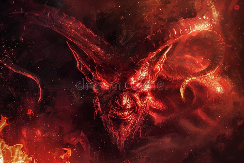Scary Sinister Devil is in Hell with Dramatic Fire Lighting Stock Image - Image of hell ...