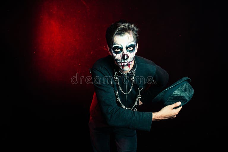 Scary Skeleton Man Making Bow with Hat Stock Image - Image of halloween ...