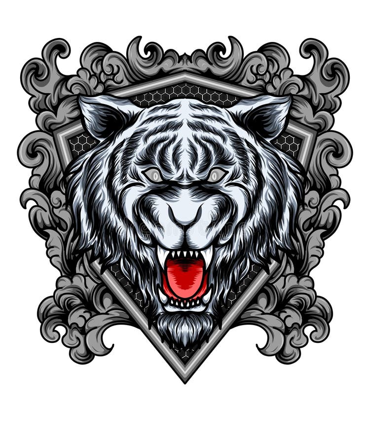 Scary Tiger Head Illustration Design with Cool Decoration Stock ...
