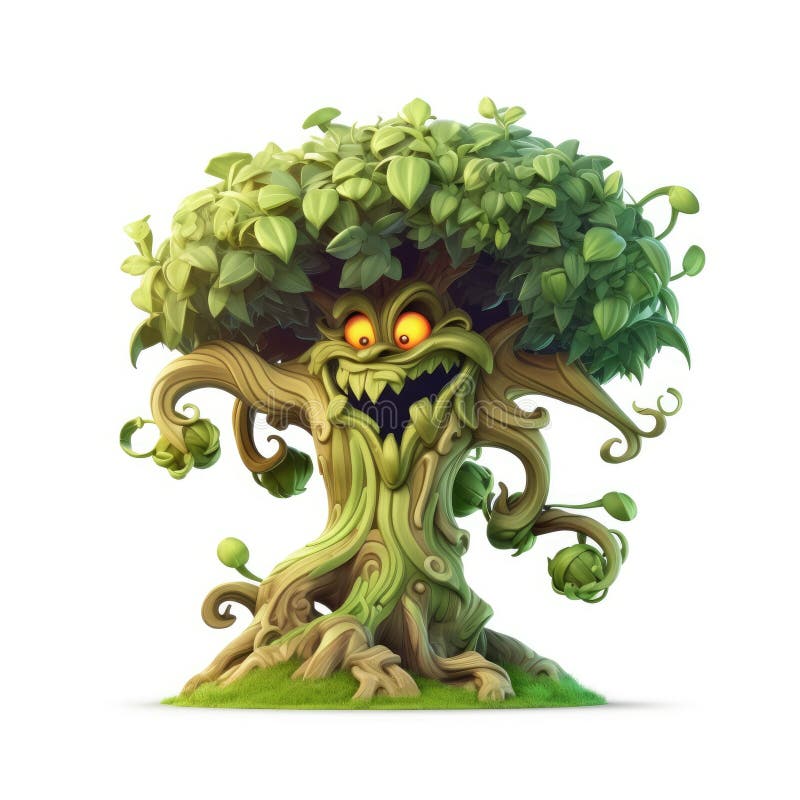 Scary Tree with Big Teeth and Green Bright Leaves on a White Background ...