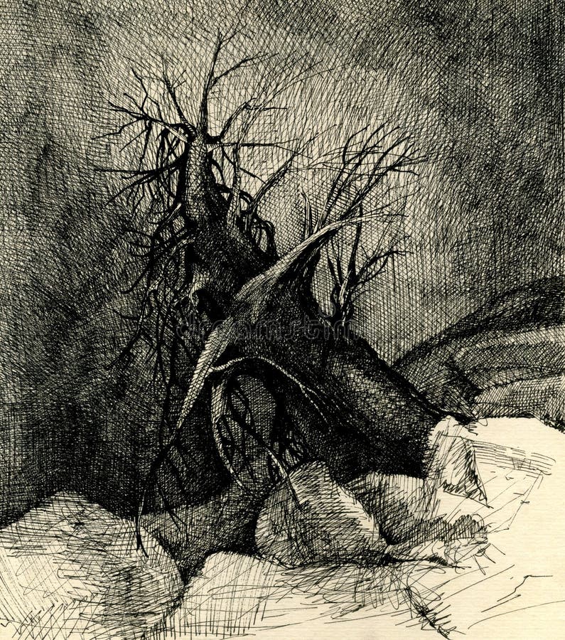 Scary Tree - a Ghost in the Dark Night. Imitation of Engraving. Stock ...