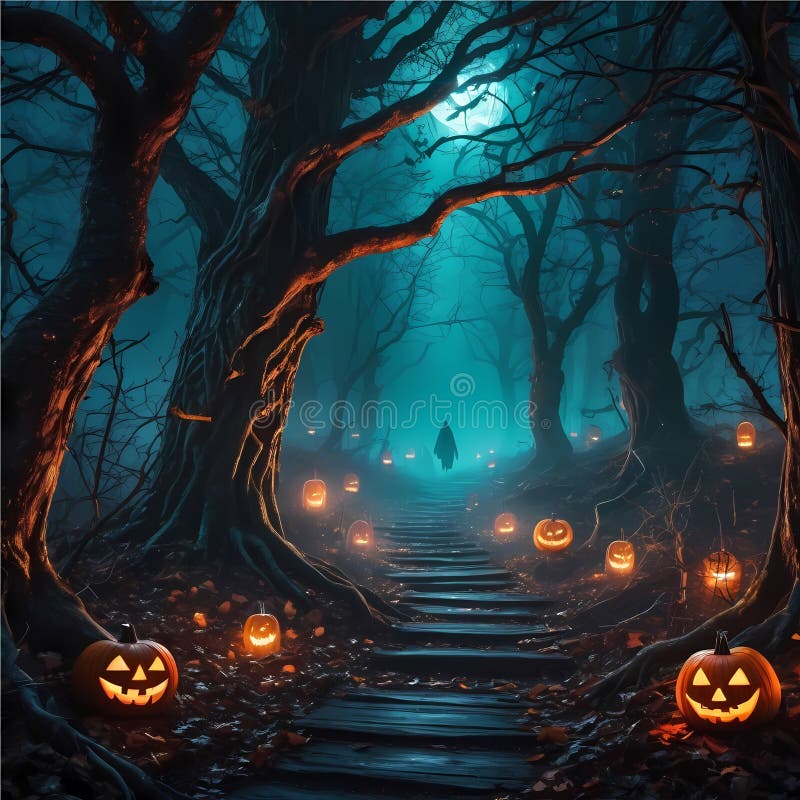 Scary Trees Pumpkin Halloween Background Stock Illustration ...