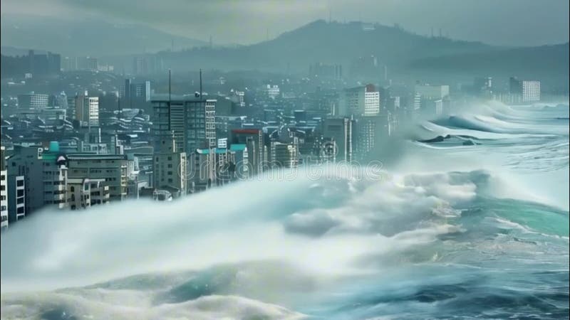 Scary Tsunami with a Huge Foamy Wave, Apocalyptic Dramatic Color ...