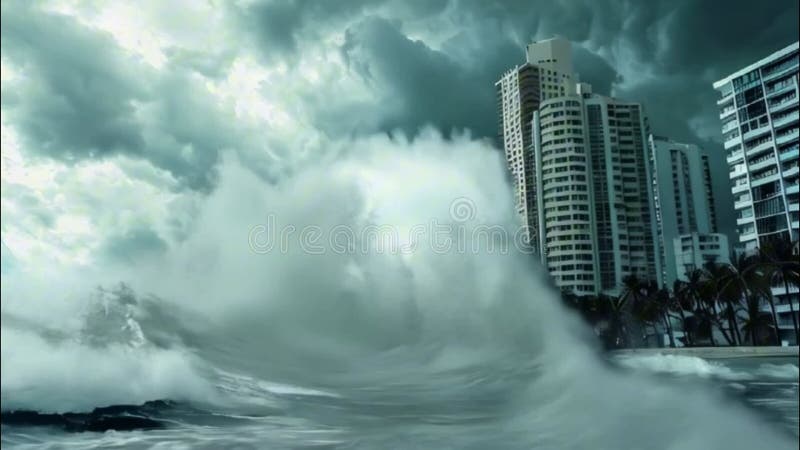 Scary Tsunami with a Huge Foamy Wave, Apocalyptic Dramatic Color ...