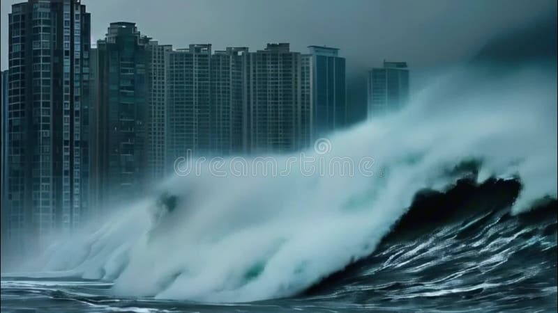 Scary Tsunami with a Huge Foamy Wave, Apocalyptic Dramatic Color ...