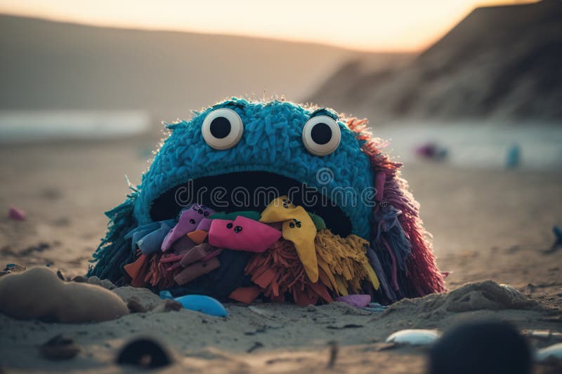 Scary Ugly Monster Made of Plastic Garbage Lies on a Beach, , Created ...