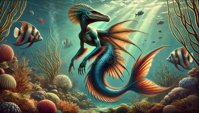 A Scary Underwater Dragon in the Rays of the Sun Stock Illustration ...