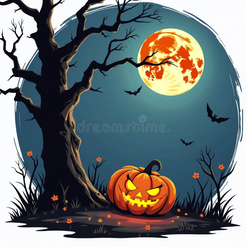 The Scary Vector Illustration of Pumpkin and Tree with Full Whimsical ...