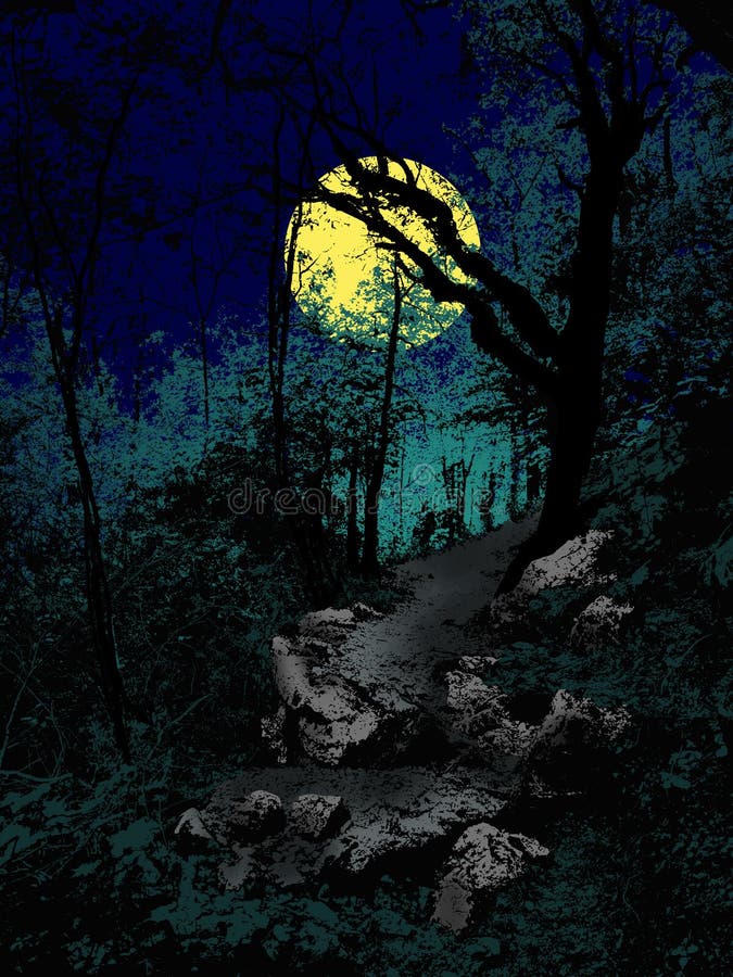 Scary Way in Night Forest with Moon Stock Illustration - Illustration ...