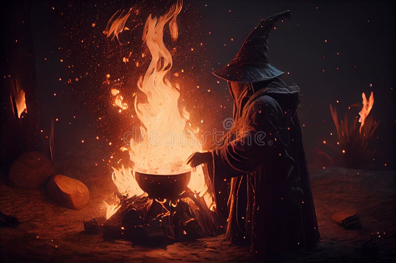 Scary Witch in the Night Forest Makes a Potion Stock Illustration ...