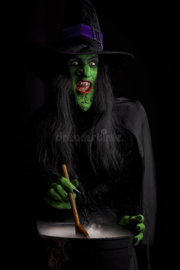 Scary Witch Stirring Her Cauldron Stock Photo - Image of green, horror ...