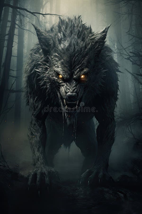 Scary Wolf with Grey Fur, Fierce Expression on Its Face, Crouching Posture in a Dark Forest ...