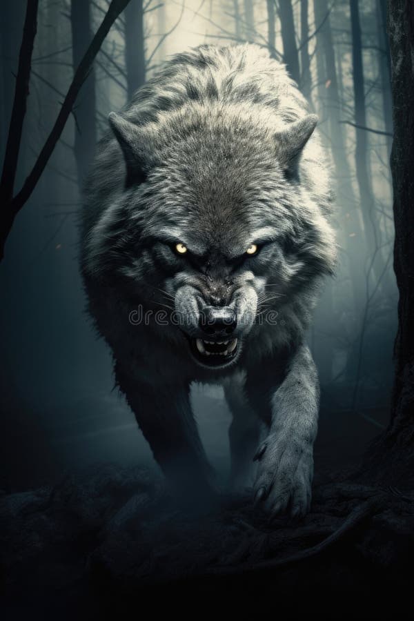 Scary Wolf with Grey Fur, Fierce Expression on Its Face, Crouching ...