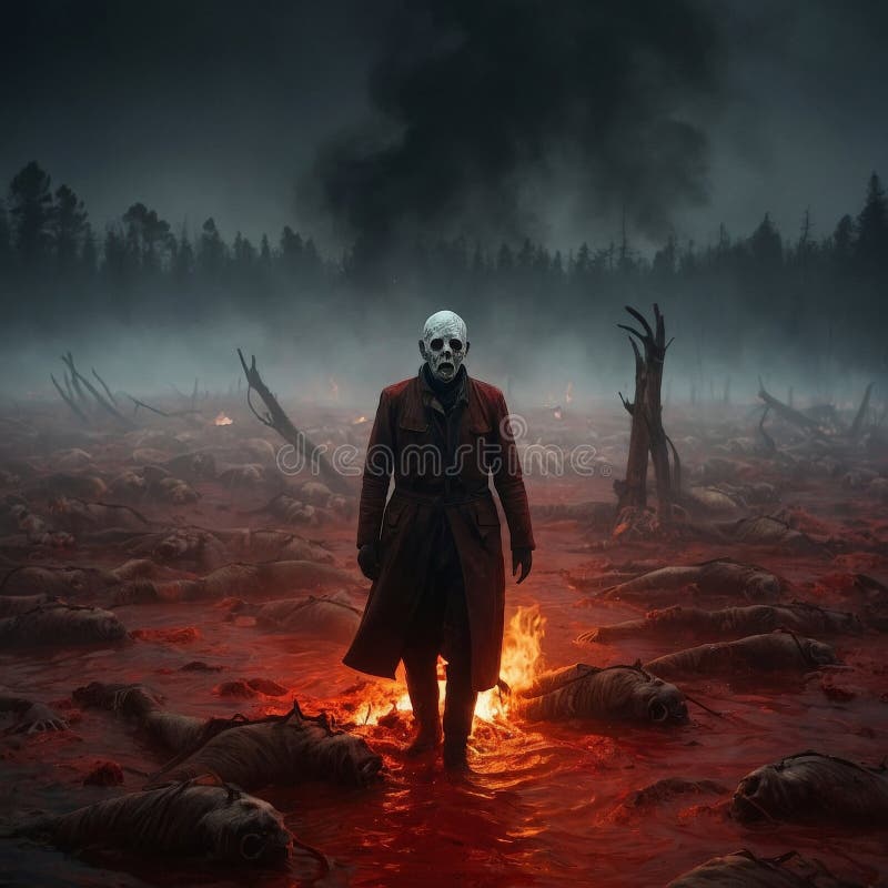 Scary Zombie Man Standing in the Swamp and Looking at the Fire Stock ...