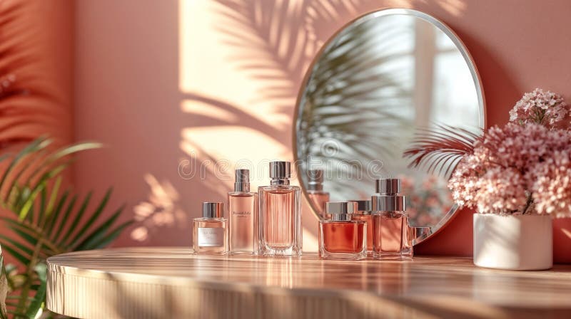 Many Perfume Bottles are on the Table in Front of a Mirror Stock Image ...