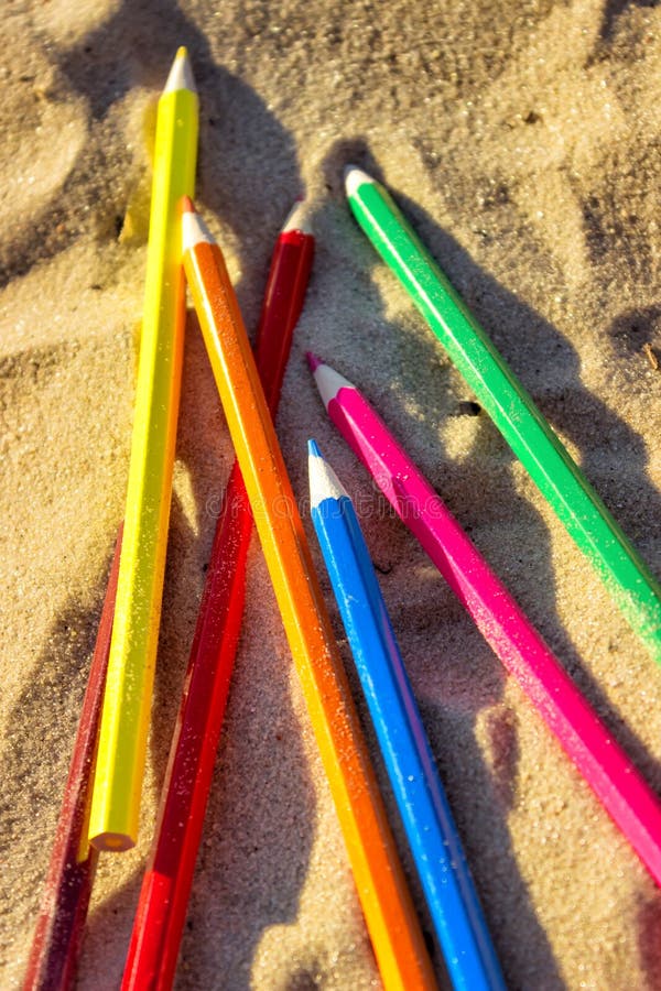 Scattered on the Beach in the Sand Colored Wooden Pencils for Dr Stock ...