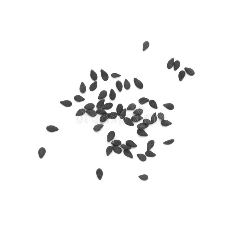 Scattered Black Sesame Seeds on White Background, Top View Stock Photo ...