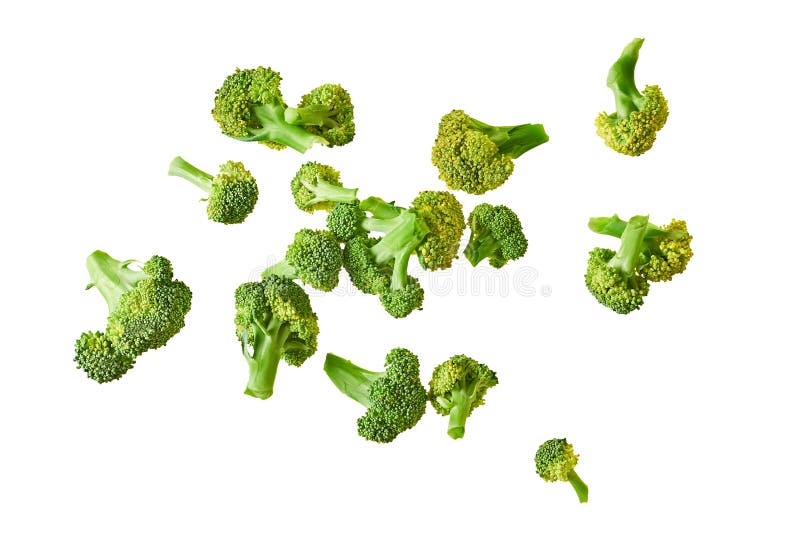 Scattered Branches of Fresh Green Broccoli Isolated on White Background ...
