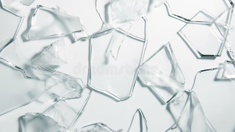 Scattered Broken Glass Pieces on a White Surface. the Clear Shards Form ...