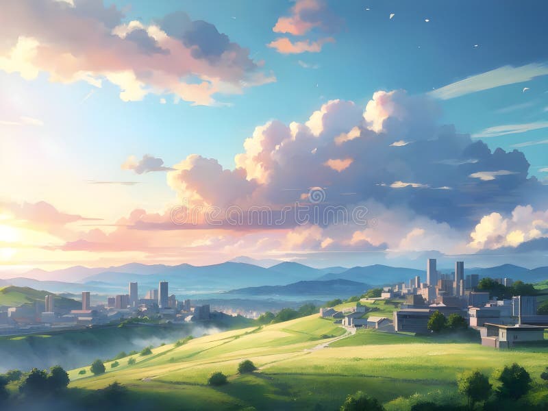 Scattered Clouds on a Hill in a Rural Townscape.anime Style.Generative ...