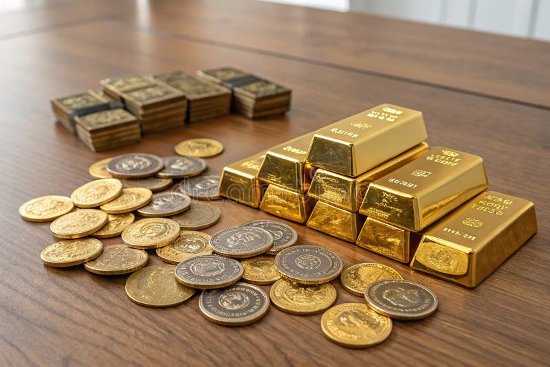 Scattered Coins and Gold Bars on a Table Stock Illustration ...