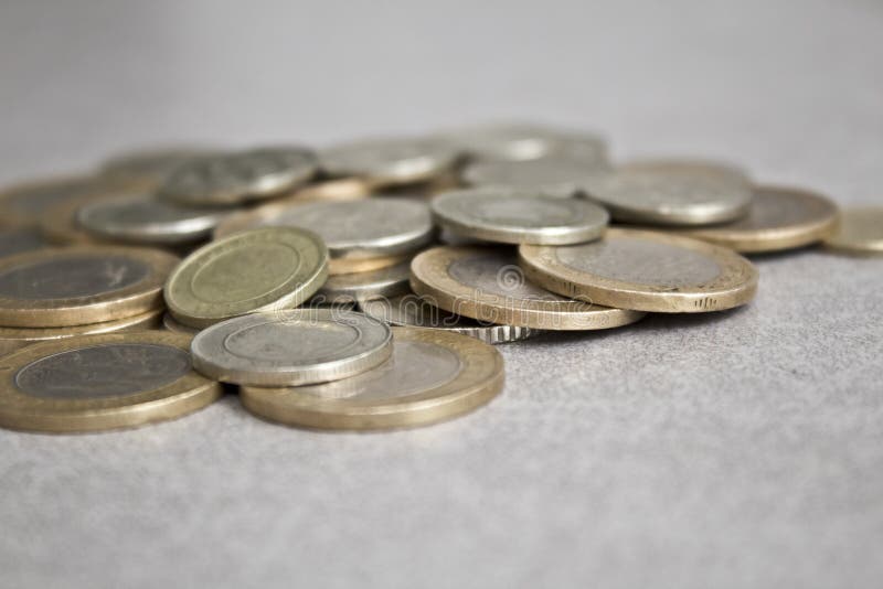 Scattered Coins On Grey Table. Stock Image - Image of cash, concept ...