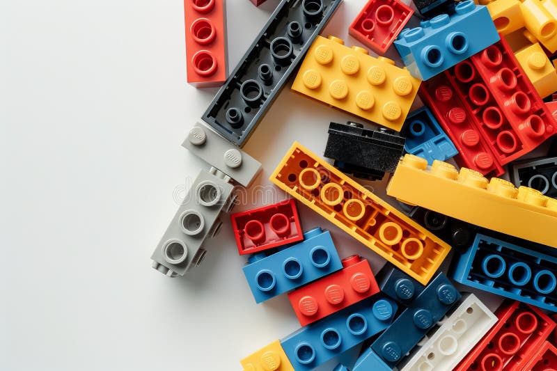 Scattered Colorful Plastic Building Blocks on White Background, Top ...