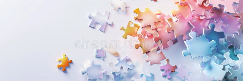 Scattered Colorful Puzzle Pieces on a White Surface. Symbolizes ...