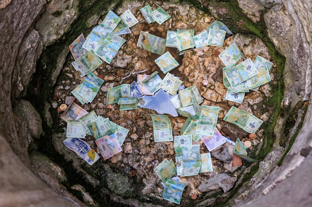 Scattered Currency Notes in a Water-filled Stone Well Stock Image ...