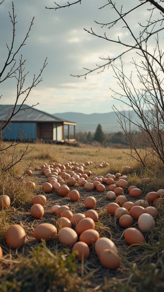 Scattered Eggs on Rural Pathway Leading To Barn Under Cloudy Sky Stock ...