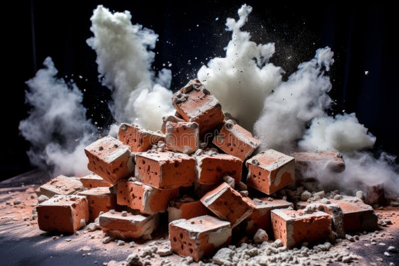 Scattered Fragments and Fine Dust of Crumbled Red Brick Soaring through ...