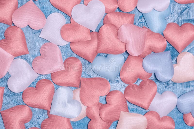 Scattered on a Gray Background are Red and Blue Rag Hearts. Stock Photo ...