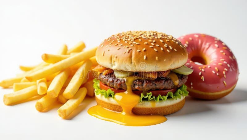 Scattered Greasy Burger, Fries, and Donut on White , White Background ...