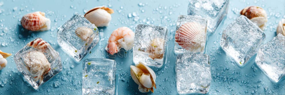 Scattered Ice Cubes with Fresh Shellfish Create a Refreshing Seafood ...