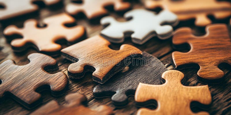 Scattered Interlocking Puzzle Pieces on Wooden Surface Stock ...