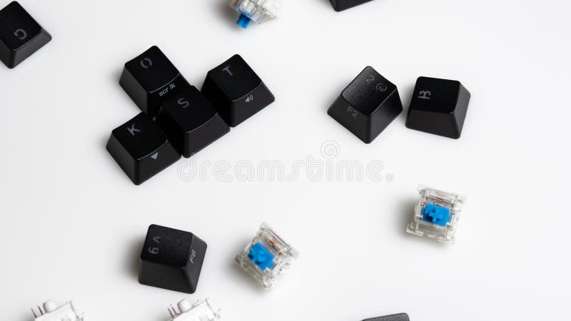 Scattered Keycaps and Keyswitches for Mechanical Keyboards on White ...
