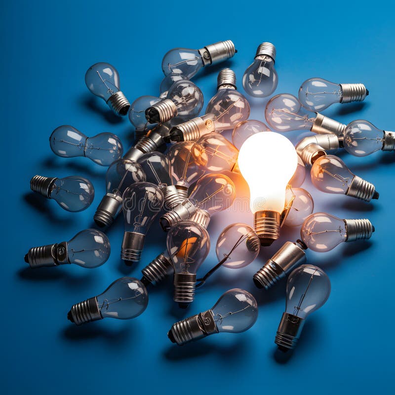 Scattered Light Bulbs on Blue Background with One Glowing Bulb Stock ...