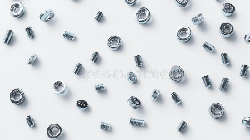 Scattered Metal Screws and Washers on a White Background for Hardware ...