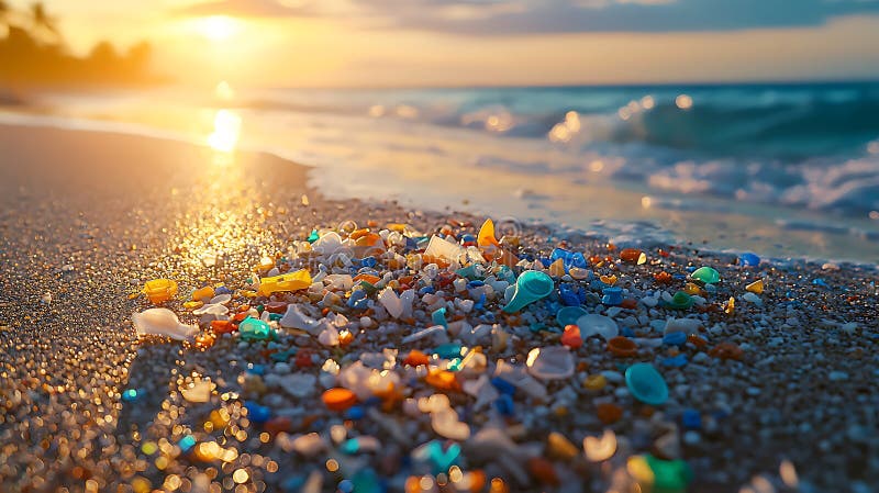 Scattered Microplastics on Beach at Sunset, Highlighting Pollution ...