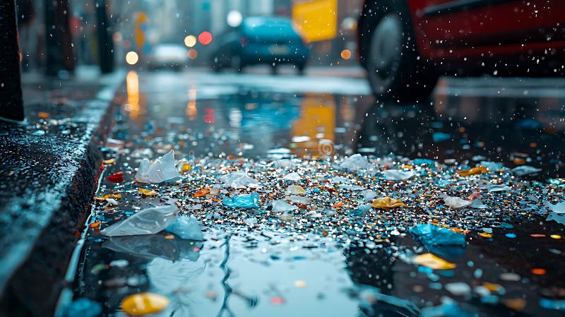 Scattered Microplastics and Debris on Wet Street after Rain, Reflecting ...