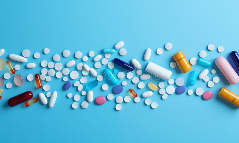 Scattered Multicolored Tablets on a Blue Background, Top View. Stock ...