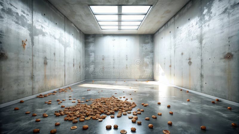 Scattered Objects in a Minimalist Concrete Room with a Skylight ...