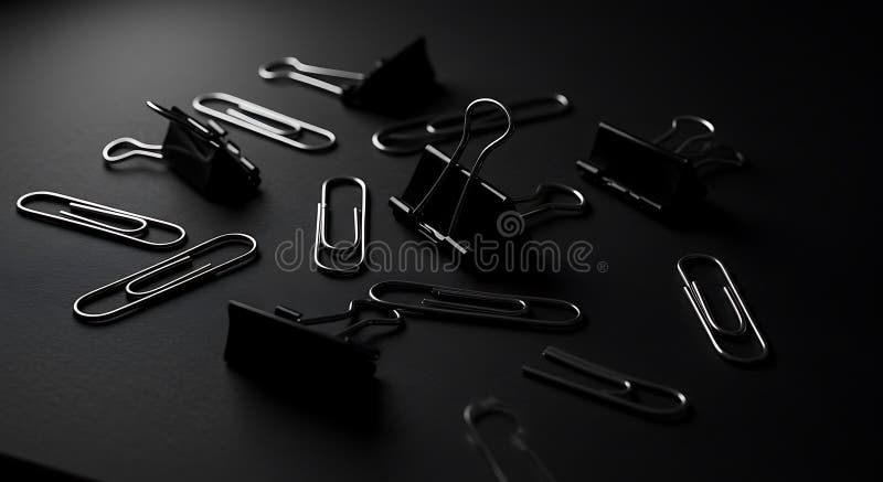 Scattered Paperclips and Binder Clips on a Dark Surface Still Life ...
