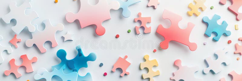 Scattered Pastel-colored Puzzle Pieces on a White Background. Concept ...