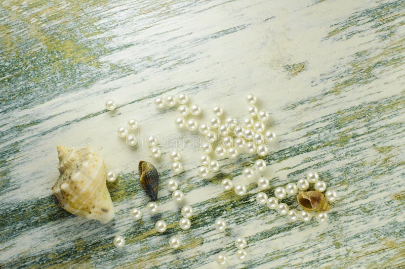 Scattered Pearl Beads and Shells. Stock Image - Image of plank, concept ...