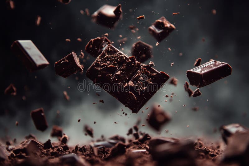 Scattered Pieces of Broken Dark Chocolate Bar on a Deep Dark Surface ...