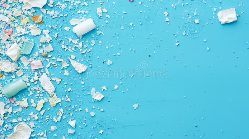 Scattered Pieces of Broken Plastic Debris on a Light Blue Background ...