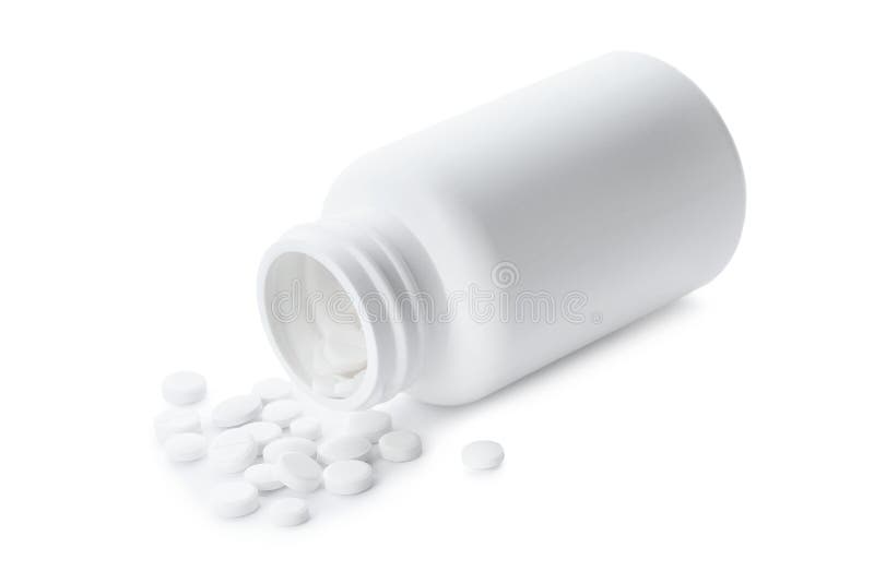 Scattered Pills and Open Container on White Stock Photo - Image of ...