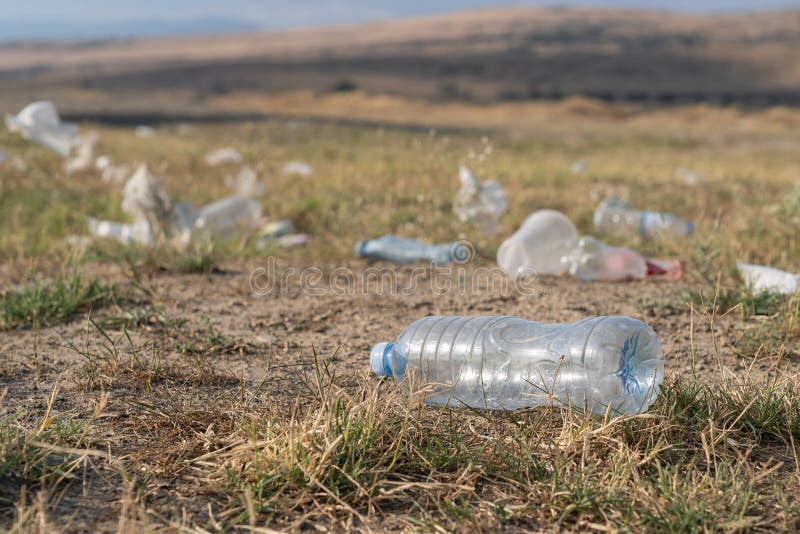 Scattered Plastic Bottles and Bags Lie on Grass in Rural Area Causing ...