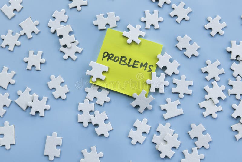 Scattered Puzzle Pieces Yellow Sticky Note Reading Problems Blue ...